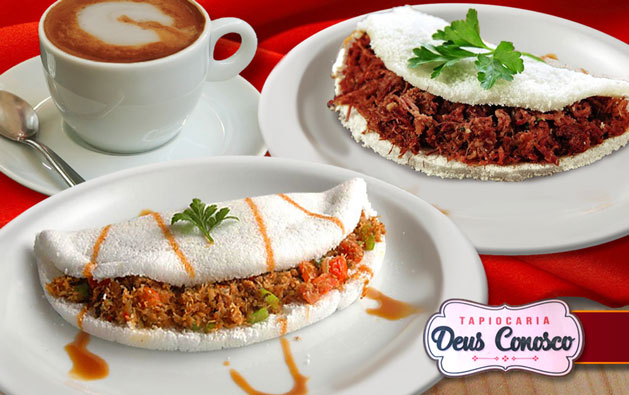 Tapioca Recheada + Café, Capuccino ou Achocolatado!